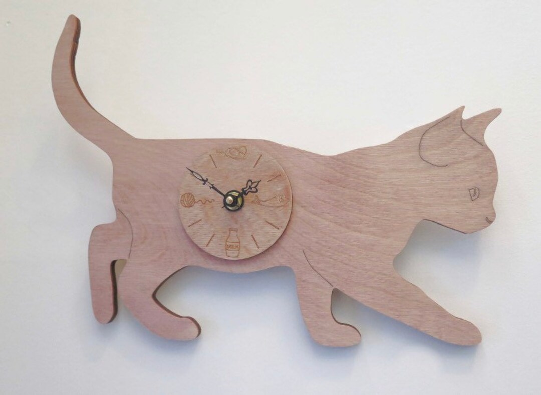Cute Kitty Kitten Cat Clock Red Oil Stained Sustainably Sourced Birch ...