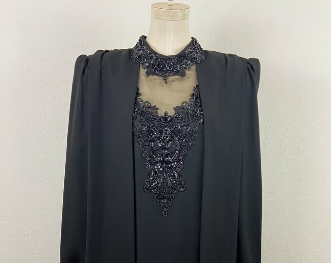 Vintage 80s Black Midi Cape Dress With Embellished Beads and Sequins ...