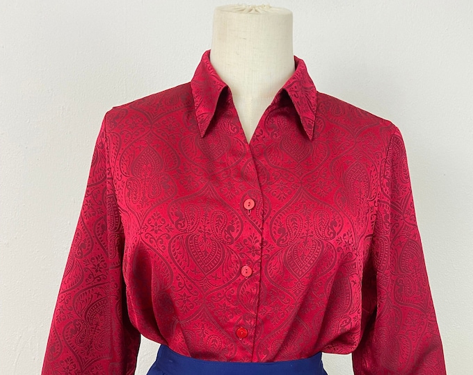 Vintage 90s Fire Red Damascus Print V Collard Long Sleeves Blouse by ...
