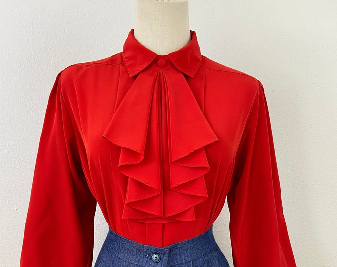 Vintage 80s Fire Red Elegant Removed Ruffle Tie Collard Long Puffy ...