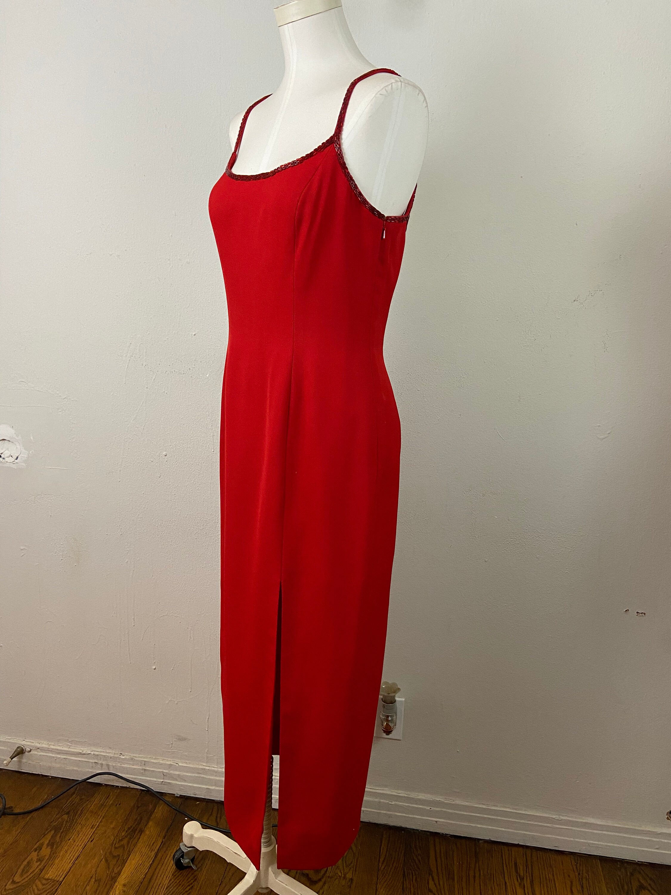 Vintage 90s Embellished Cross Stripes Back and Shoulder in Carmesí Red Pencil Line Maxi Formal ...