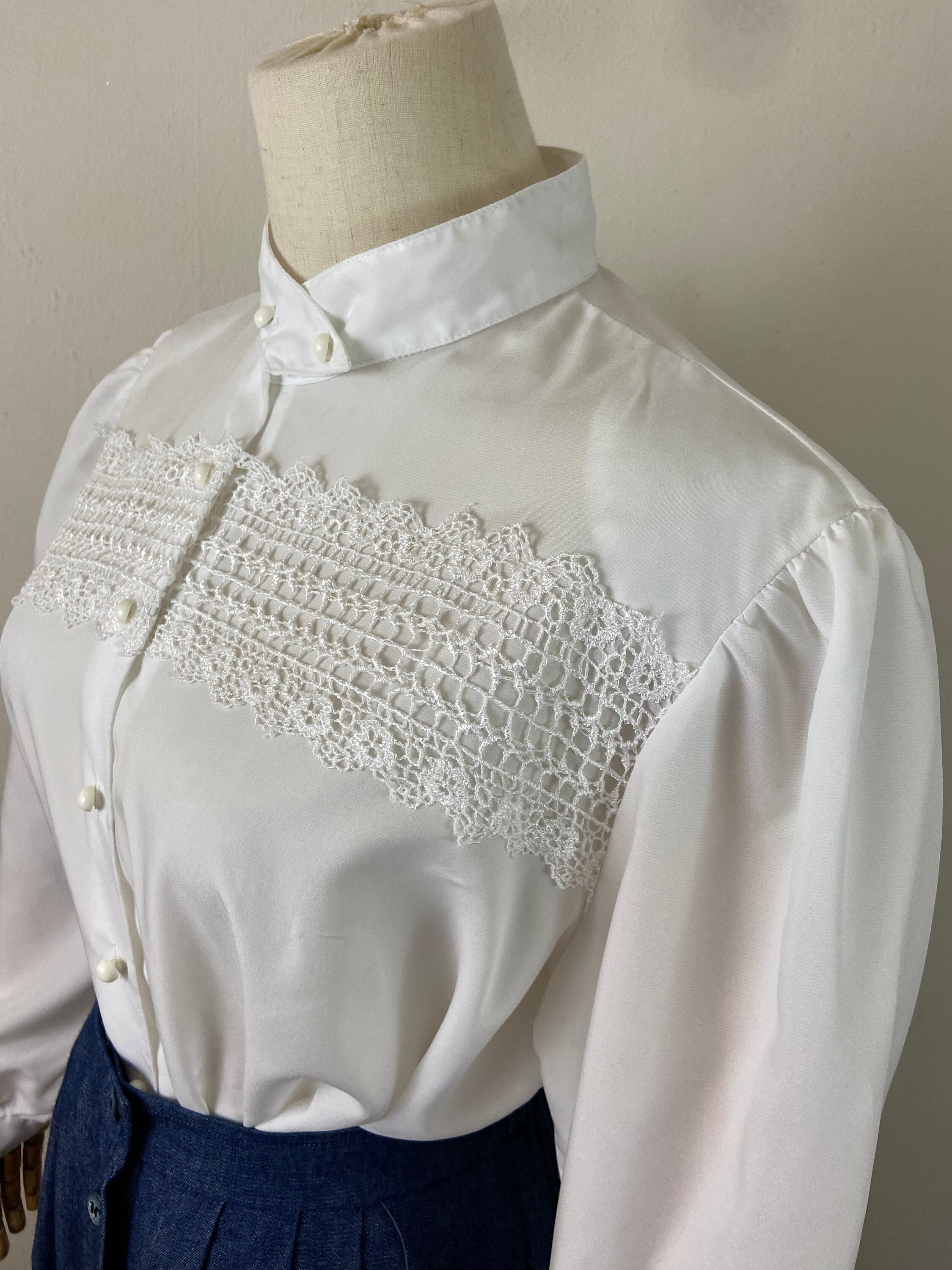 Vintage Late 70s Judy Bond White Lace Trim Chest Blouse, Band Collar ...