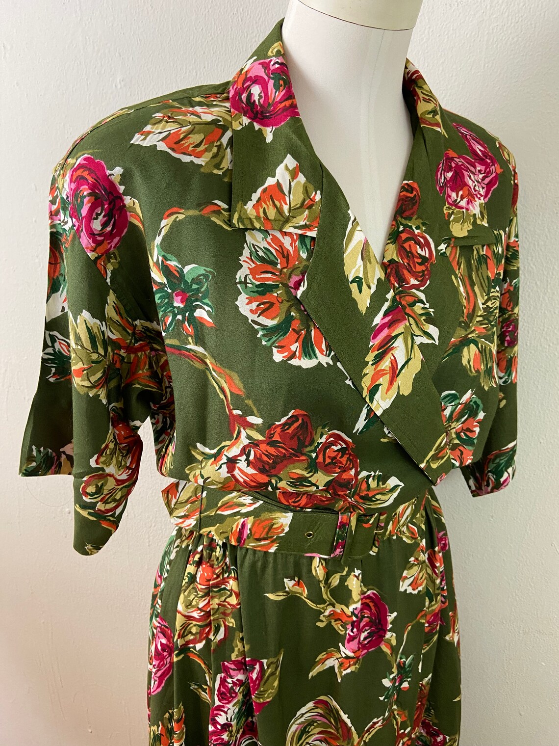 Vintage 80s Military Green Flower Print Crossbody Cotton Rayon Spring ...