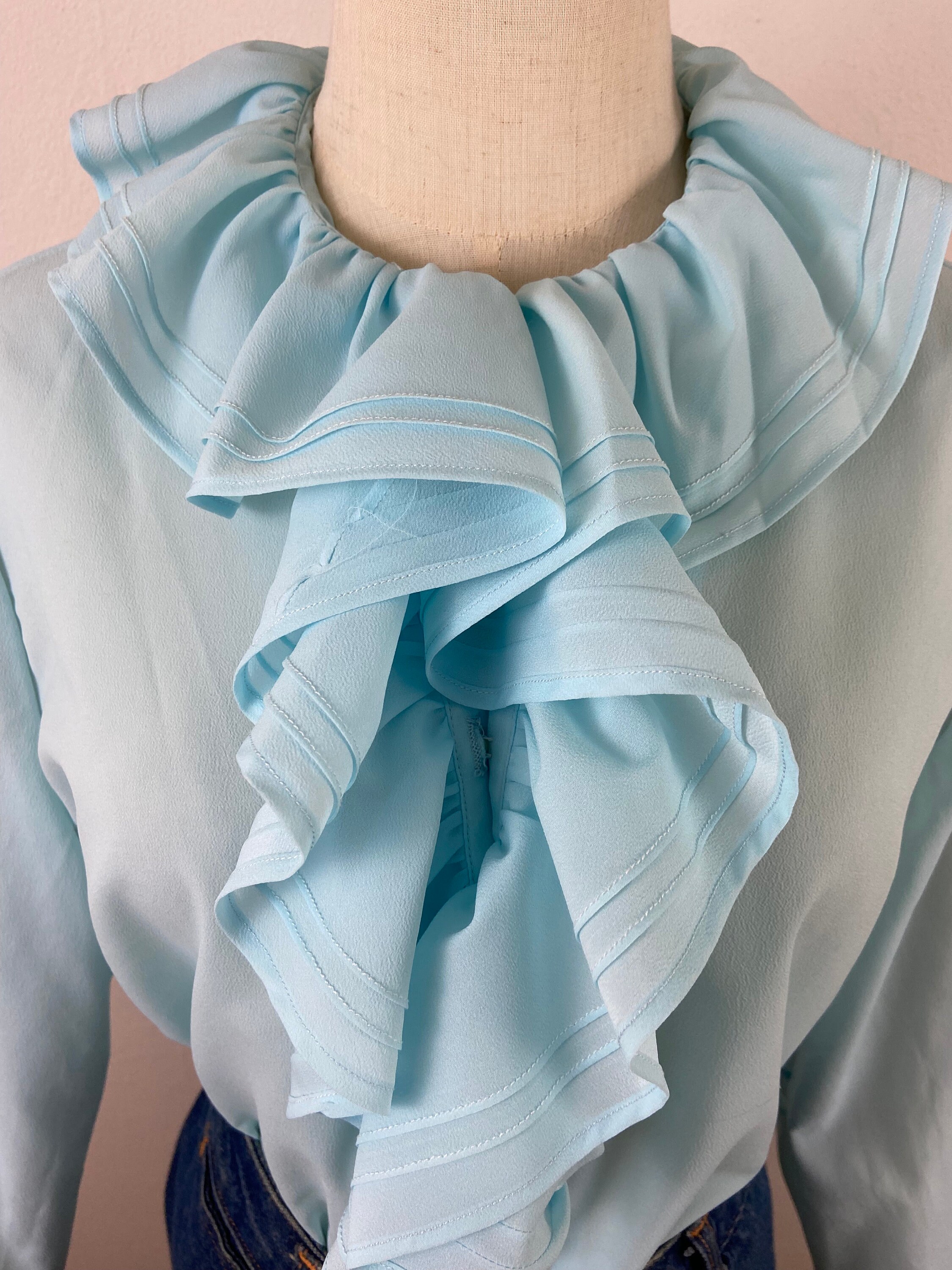 Vintage 60s Light Blue Crepe Trimmed Ruffles Collard, Chest and Cuff ...