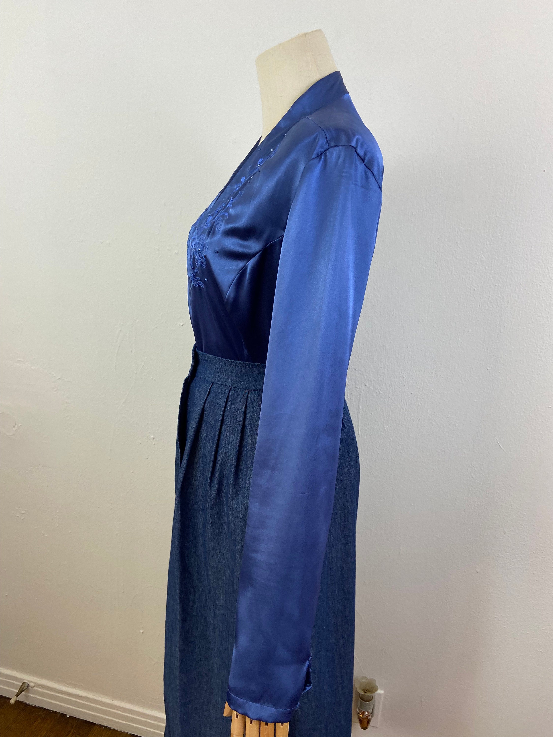 Vintage 90s Royal Blue Satin Crepe Embroidery With Sequin V Neck ...