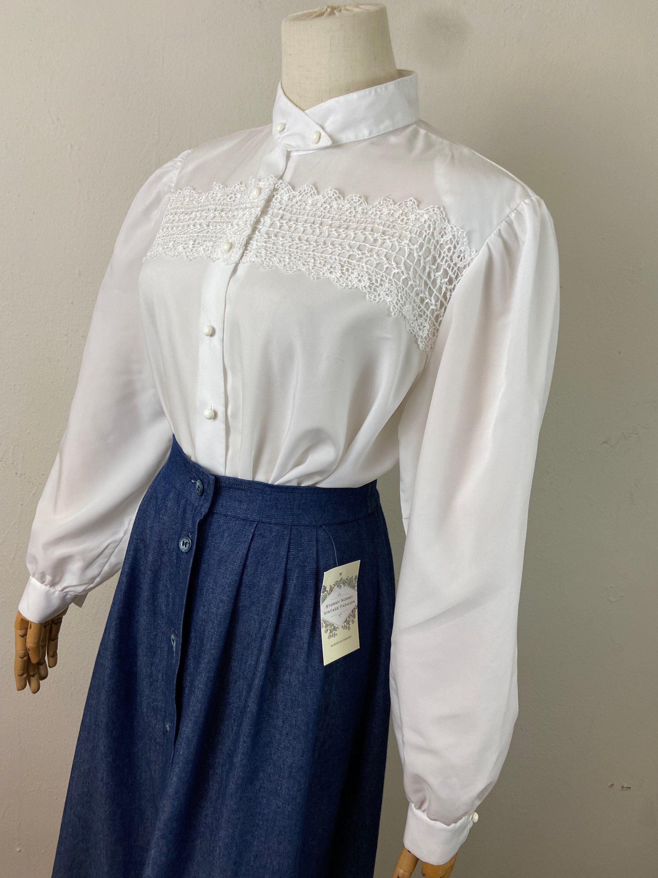 Vintage Late 70s Judy Bond White Lace Trim Chest Blouse, Band Collar ...