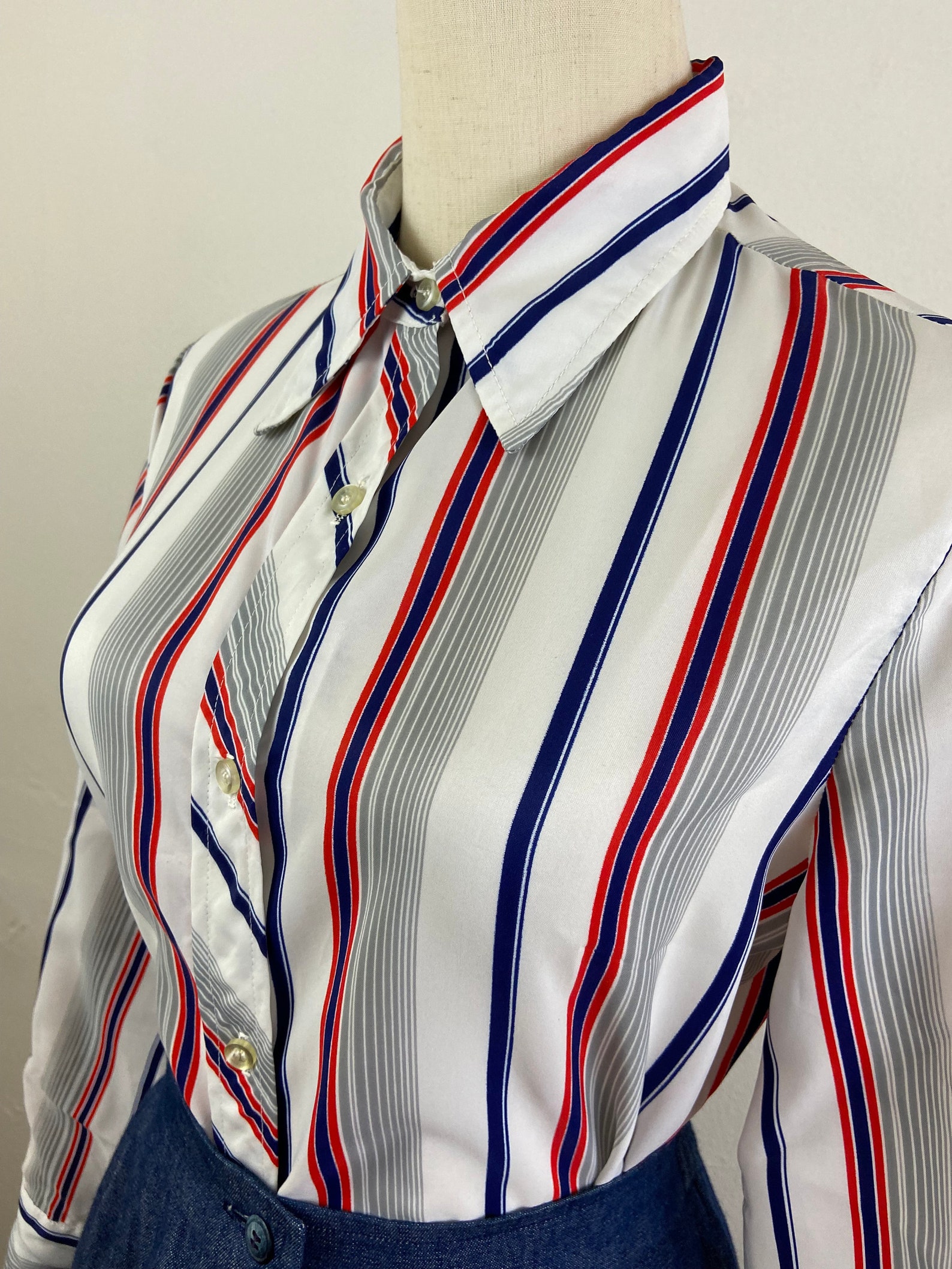 Vintage Blouse From Late 60s, Marine Colors Vertical Stripe Secretary ...