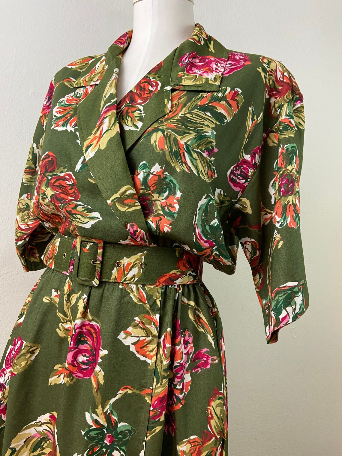 Vintage 80s Military Green Flower Print Crossbody Cotton Rayon Spring ...