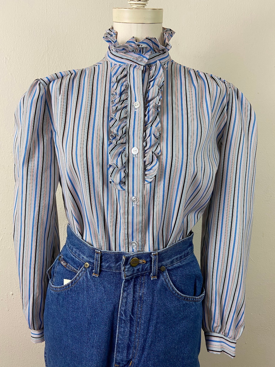 Vintage 70s Ruffle Collard and Chest Stripe Print Long Puffy Sleeves ...