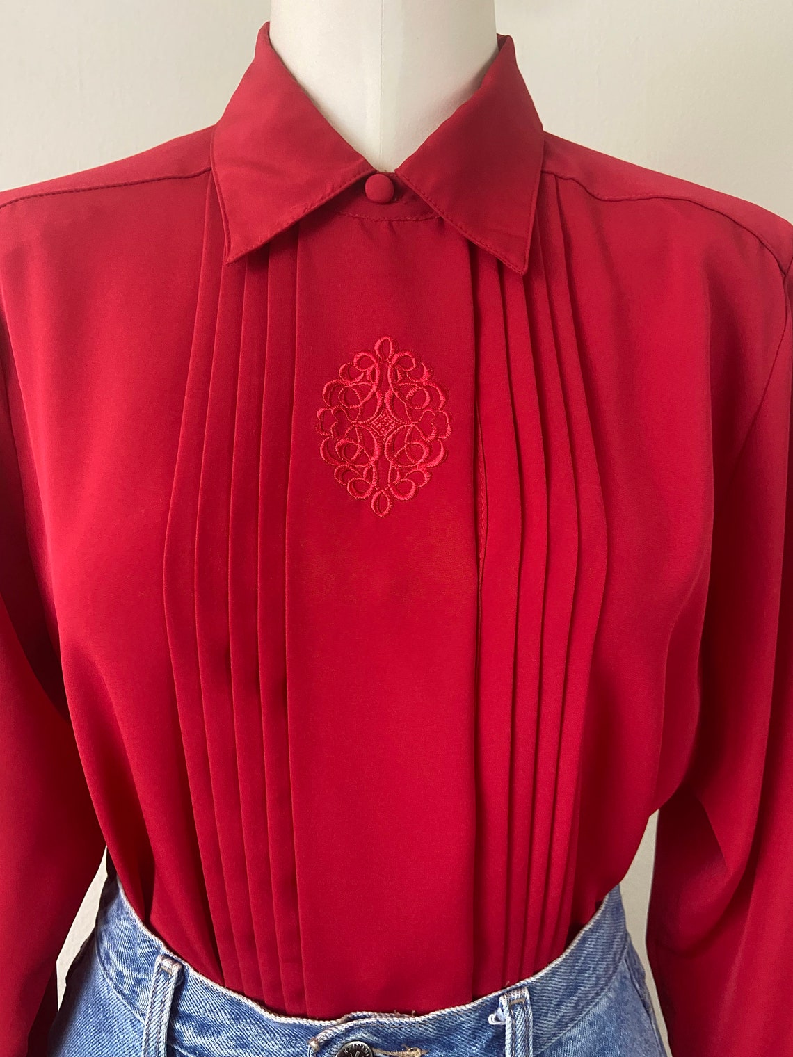 Vintage 80s Ruby Red Pleated Front Button Hidden Embroidery - Etsy