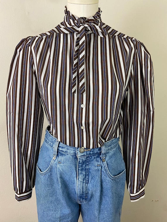 Vintage 70s Collared Ribbon Bohemian Strip Blouse Elegant - Etsy