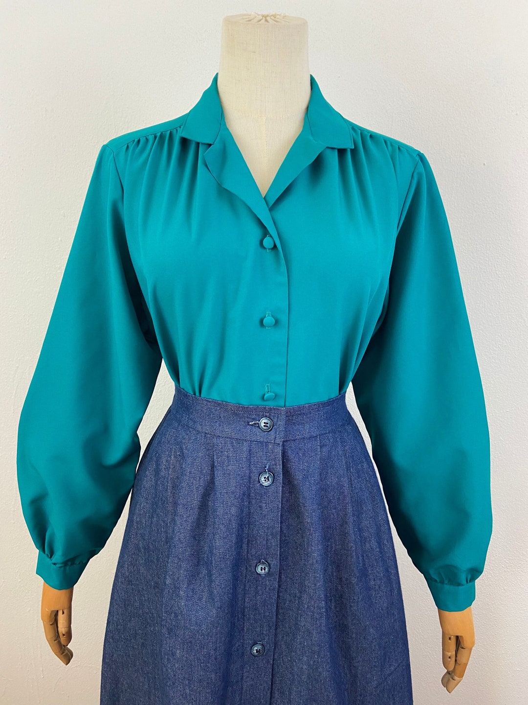 Vintage 70s Emerald Green Long Ballon Sleeves Secretary Blouse by Lady ...
