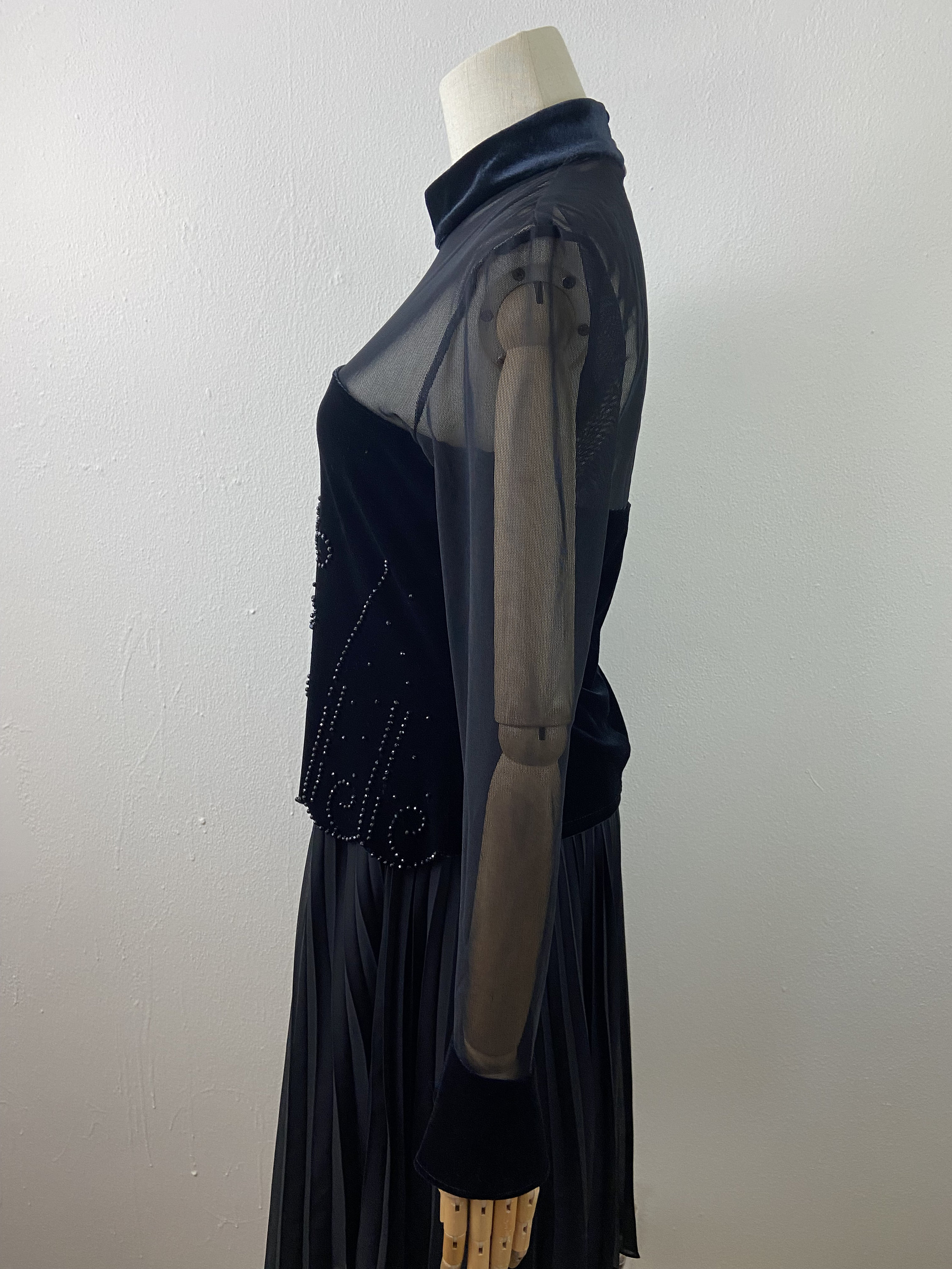 Vintage 80s Black Velvetier Novelty Top With Sheer Long Sleeves Party ...