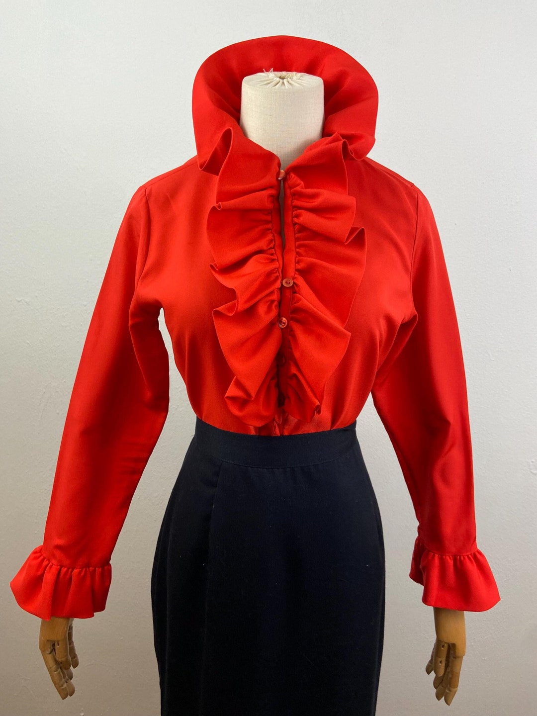 Vintage 80s Ruffle Collar Blouse: Victorian Style Red Top, Size 12 - Etsy