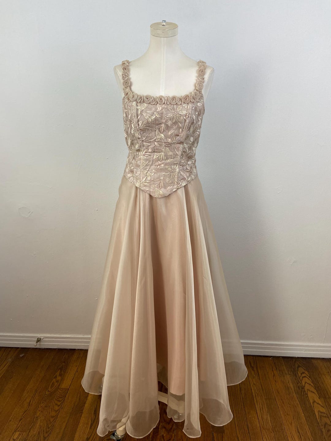 Vintage 90s Golden Organza With Embroidery Bustier Romantic Halter ...