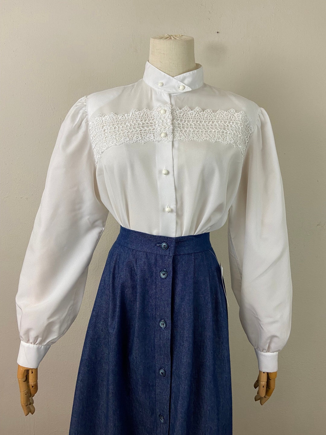 Vintage Late 70s Judy Bond White Lace Trim Chest Blouse, Band Collar ...