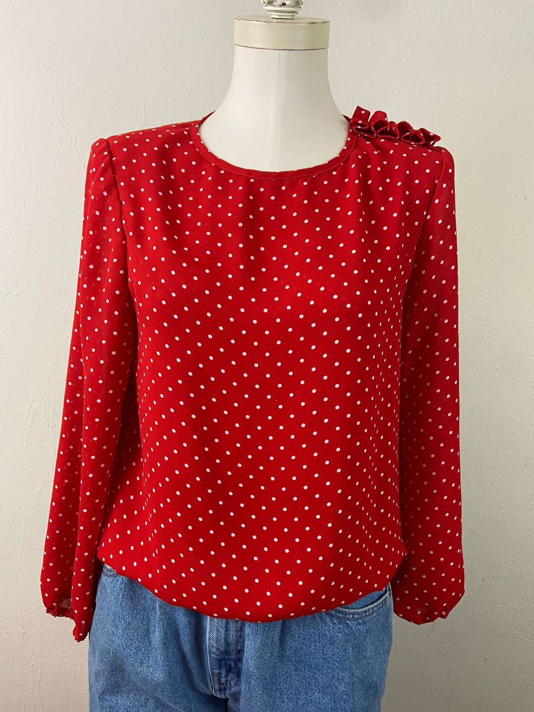 Vintage Late 70s Red and White Polka Dots Chiffon Crepe Summer-spring ...