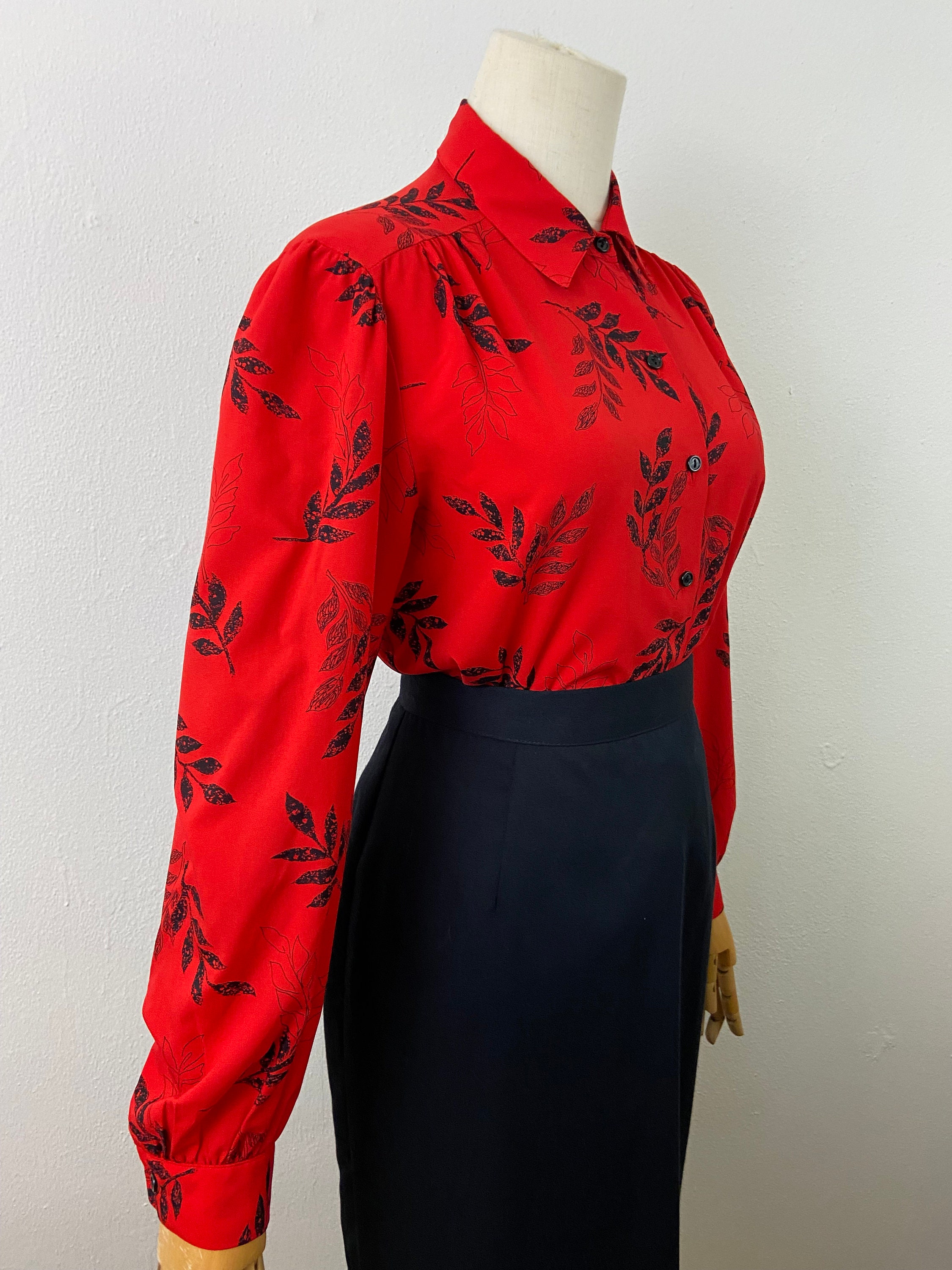 Vintage 70s Judy Bond Red and Black Print Blouse, Boho Chic Leaves ...