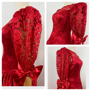Vintage 80s Red Shimmering Lace and Satin Rounded Neckline Into Deep V ...