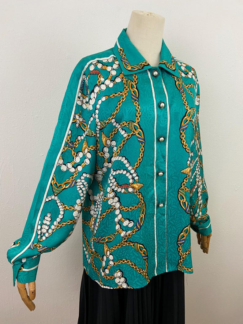 Vintage 80s Elegant Turquoise Chains and Pearls Print 100% Jacguard ...