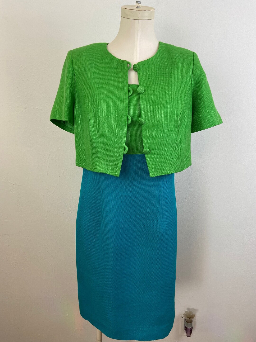 Vintage 80s Silk Linen Dress Suit: Emerald Green Bolero Jacket, Size 10 ...