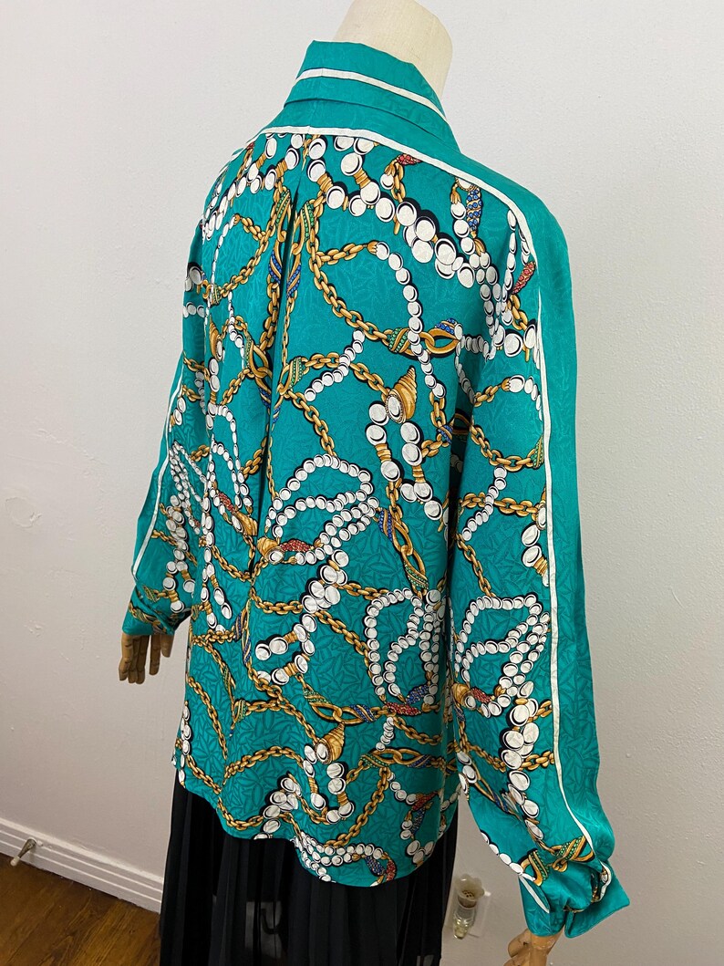 Vintage 80s Elegant Turquoise Chains and Pearls Print 100% Jacguard ...