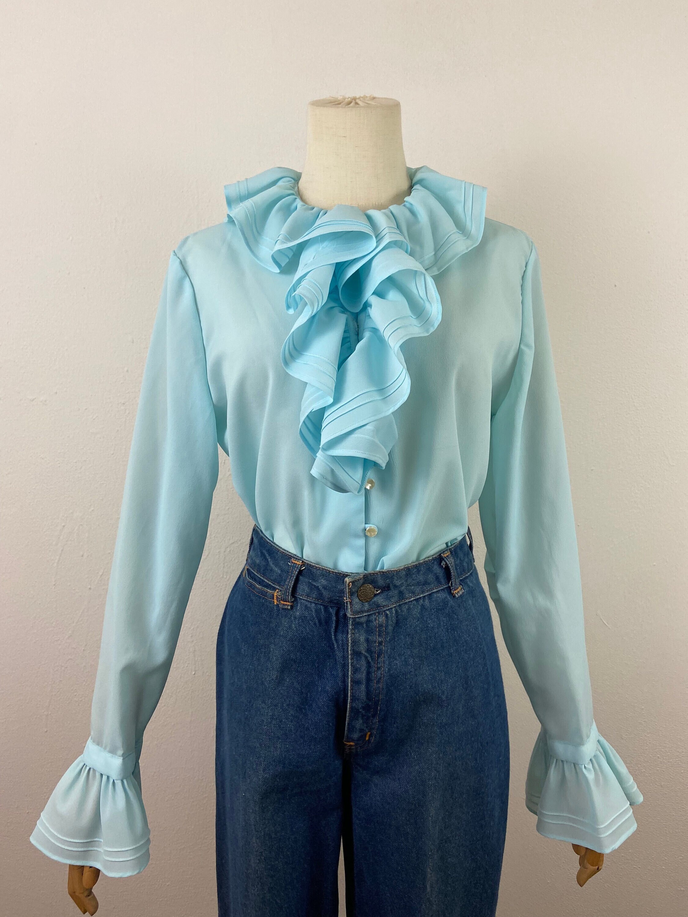 Vintage 60s Light Blue Crepe Trimmed Ruffles Collard, Chest and Cuff ...