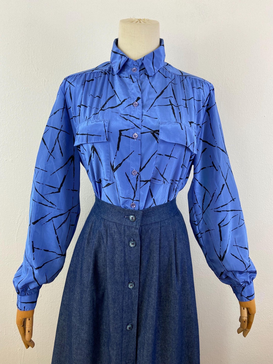 Vintage 90s Royal Blue With Black Abstract Lines Print in Crinkle ...