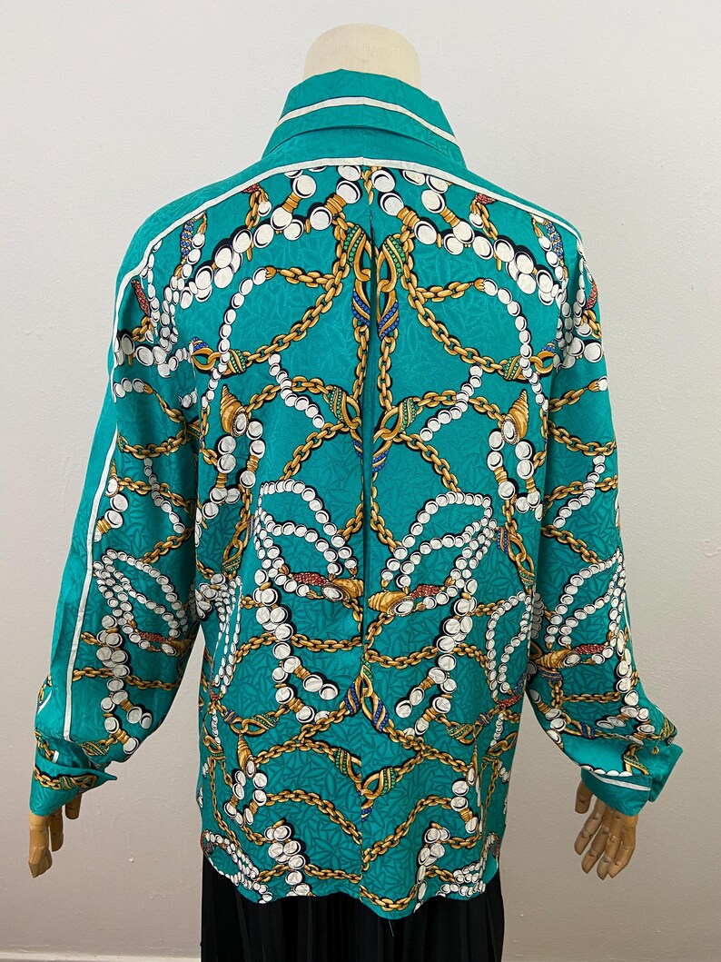 Vintage 80s Elegant Turquoise Chains and Pearls Print 100% Jacguard ...