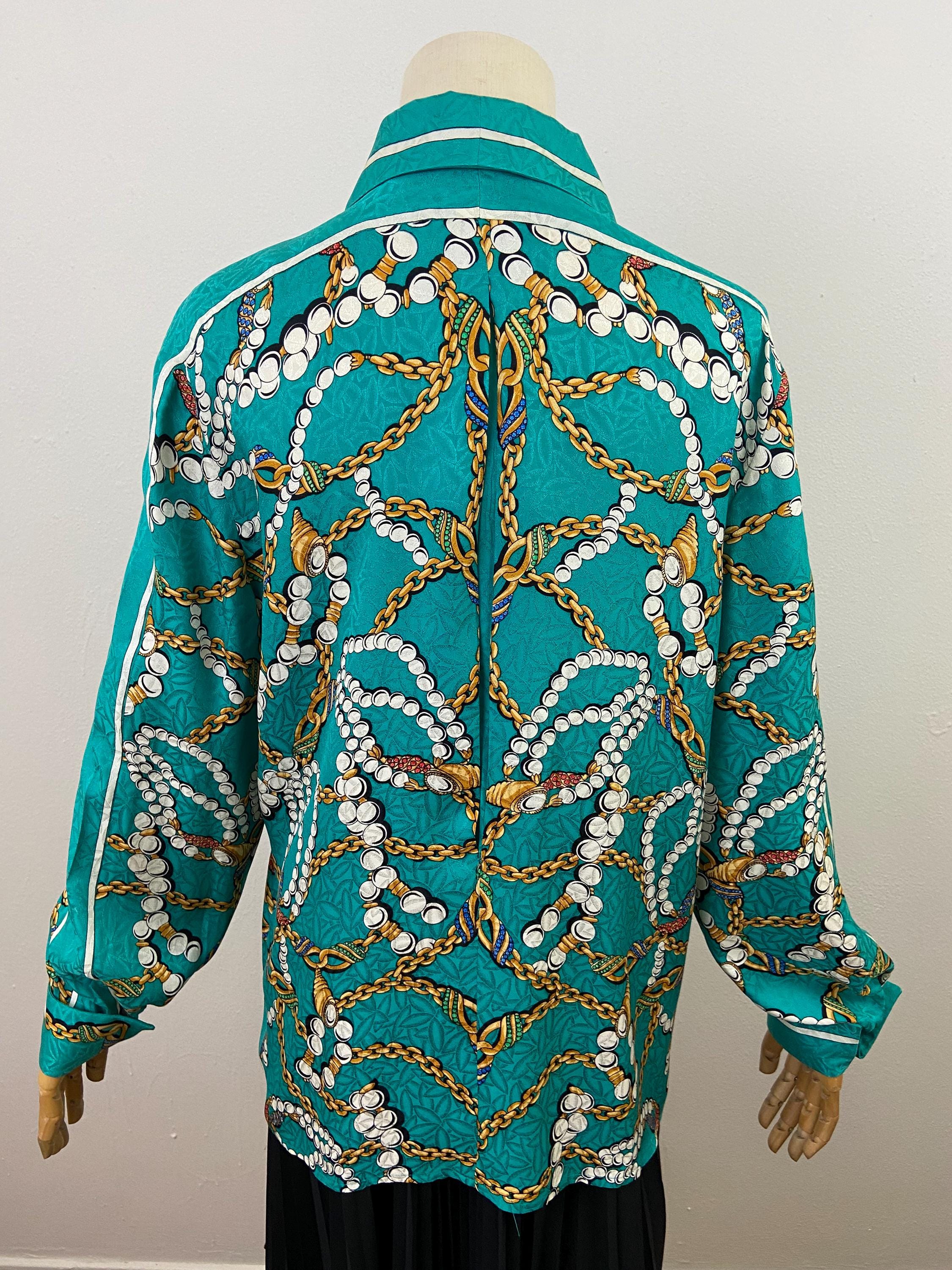 Vintage 80s Elegant Turquoise Chains and Pearls Print 100% Jacguard ...