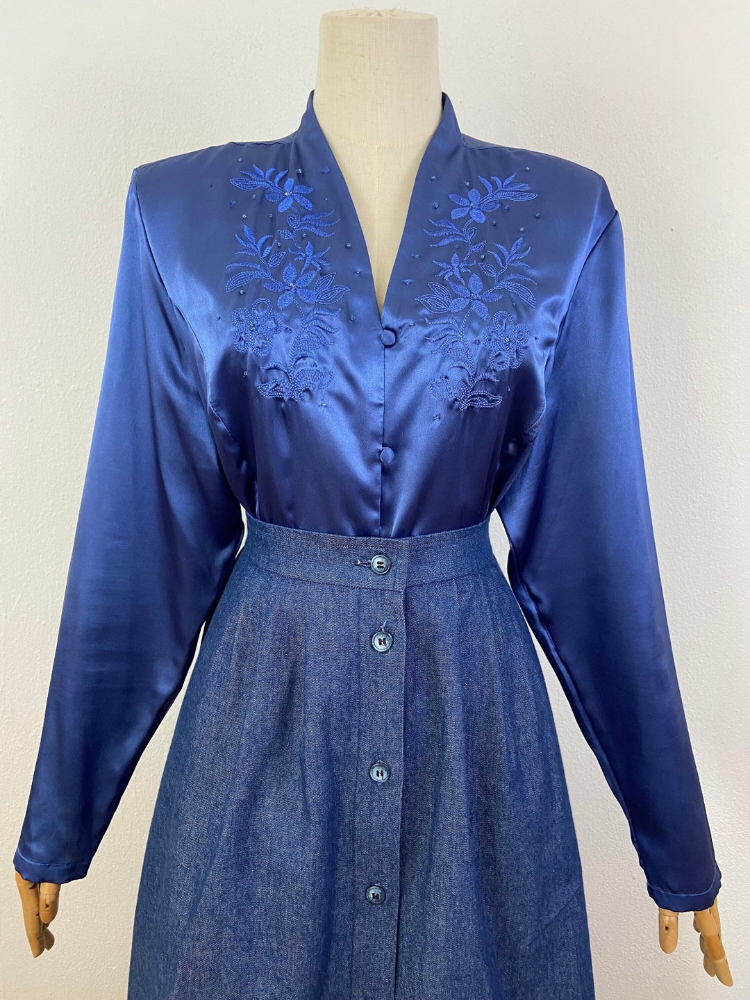 Vintage 90s Royal Blue Satin Crepe Embroidery With Sequin V Neck ...