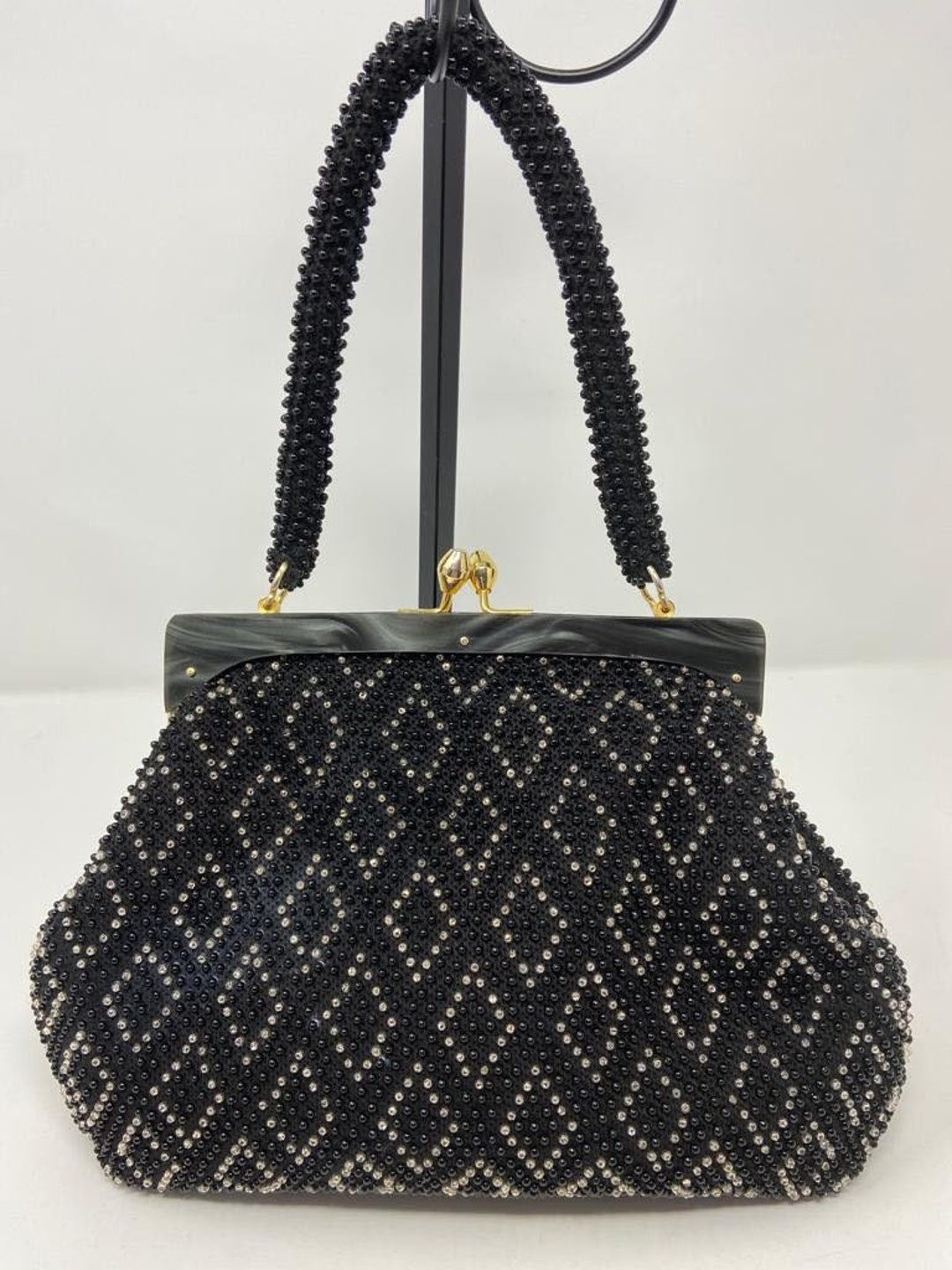 50s Black Beaded Diamonds Acrylic Dots Purse With Lucite Frame - Etsy