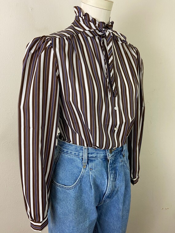 Vintage 70s Collared Ribbon Bohemian Strip Blouse, El… - Gem