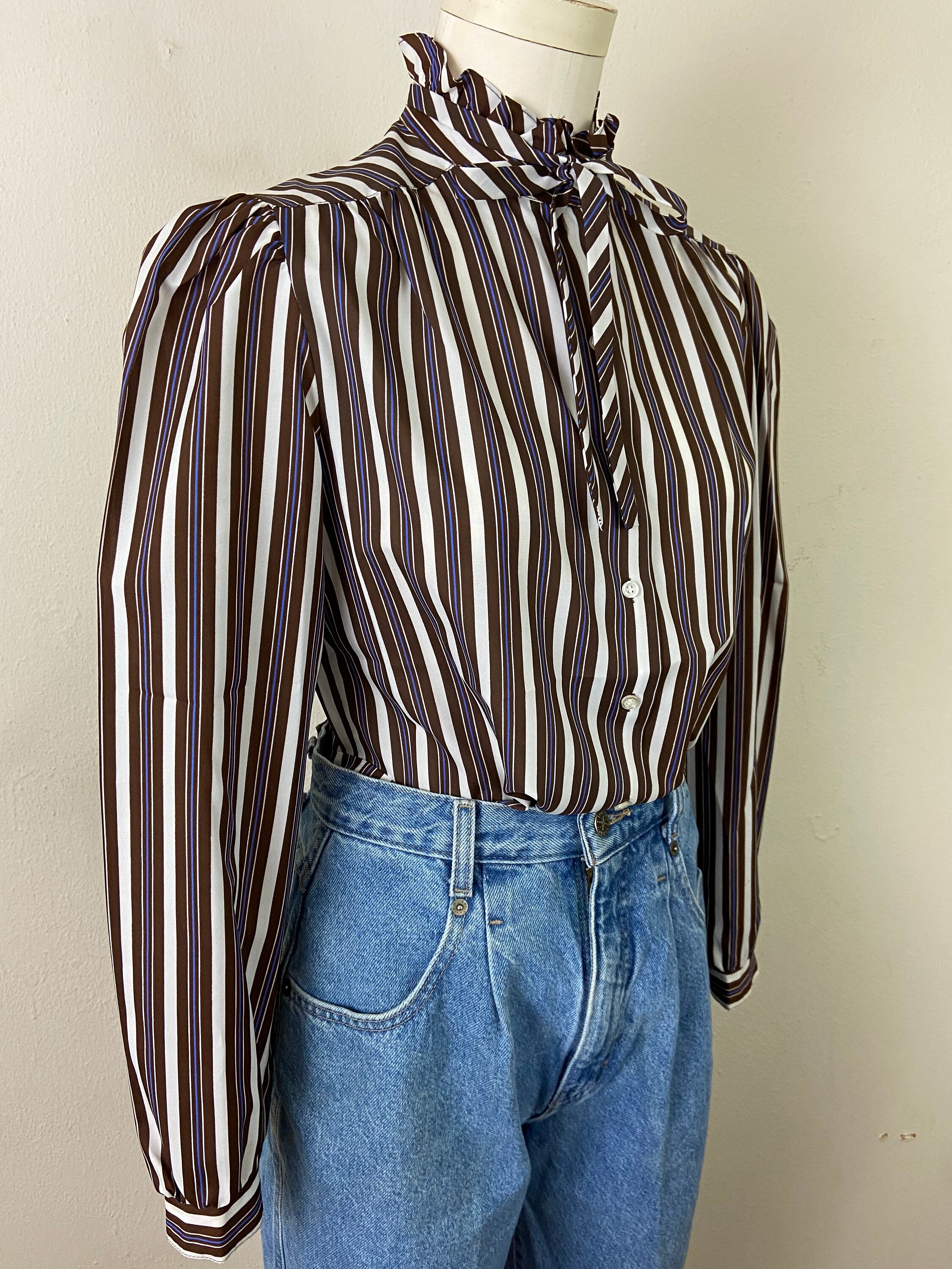 Vintage 70s Collared Ribbon Bohemian Strip Blouse, Elegant High Neck ...