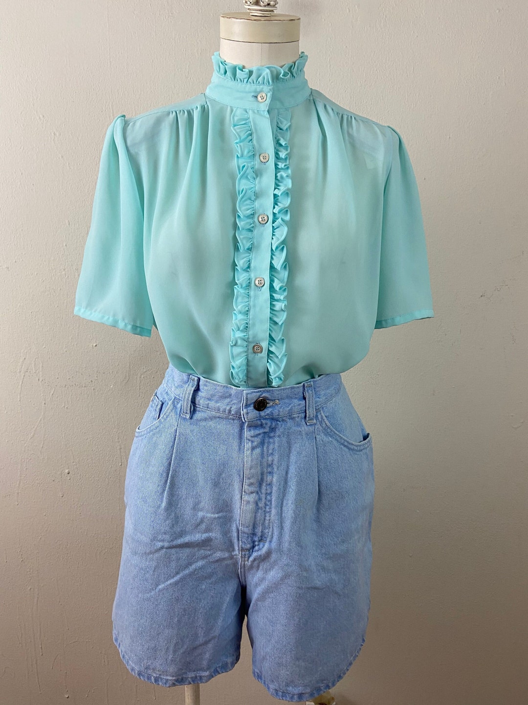 Vintage 80s Short Sleeves With Ruffles Collard and Front Blouse-top by ...