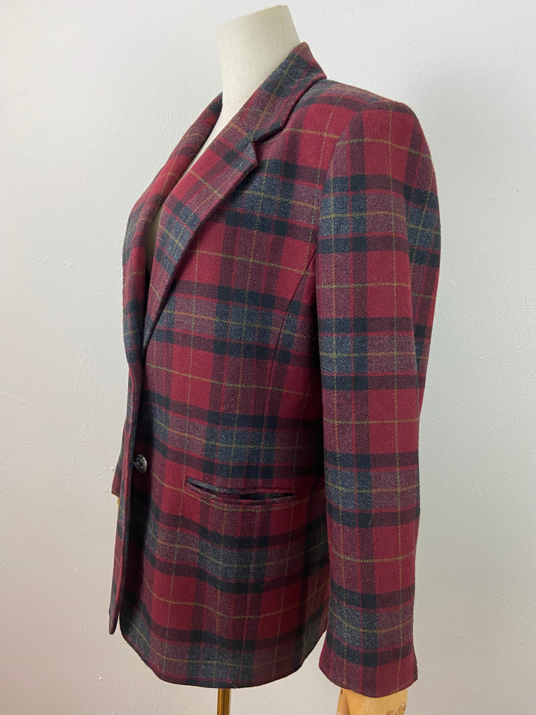 Vintage 80s Burgundy Red Tartan Wool Oversize Blazer by J.R.11, Plaid ...