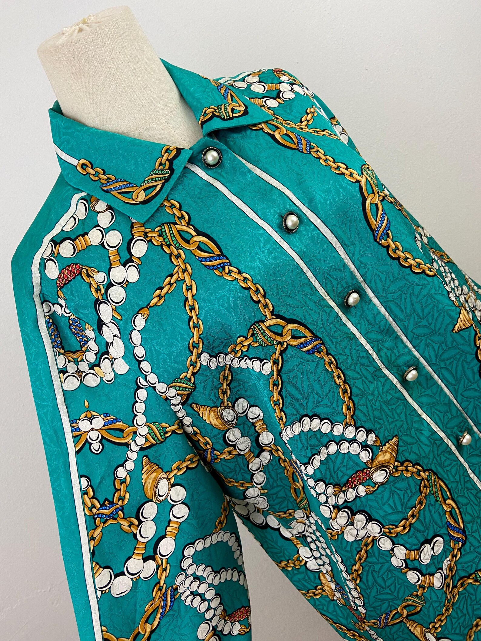 Vintage 80s Elegant Turquoise Chains and Pearls Print 100% Jacguard ...