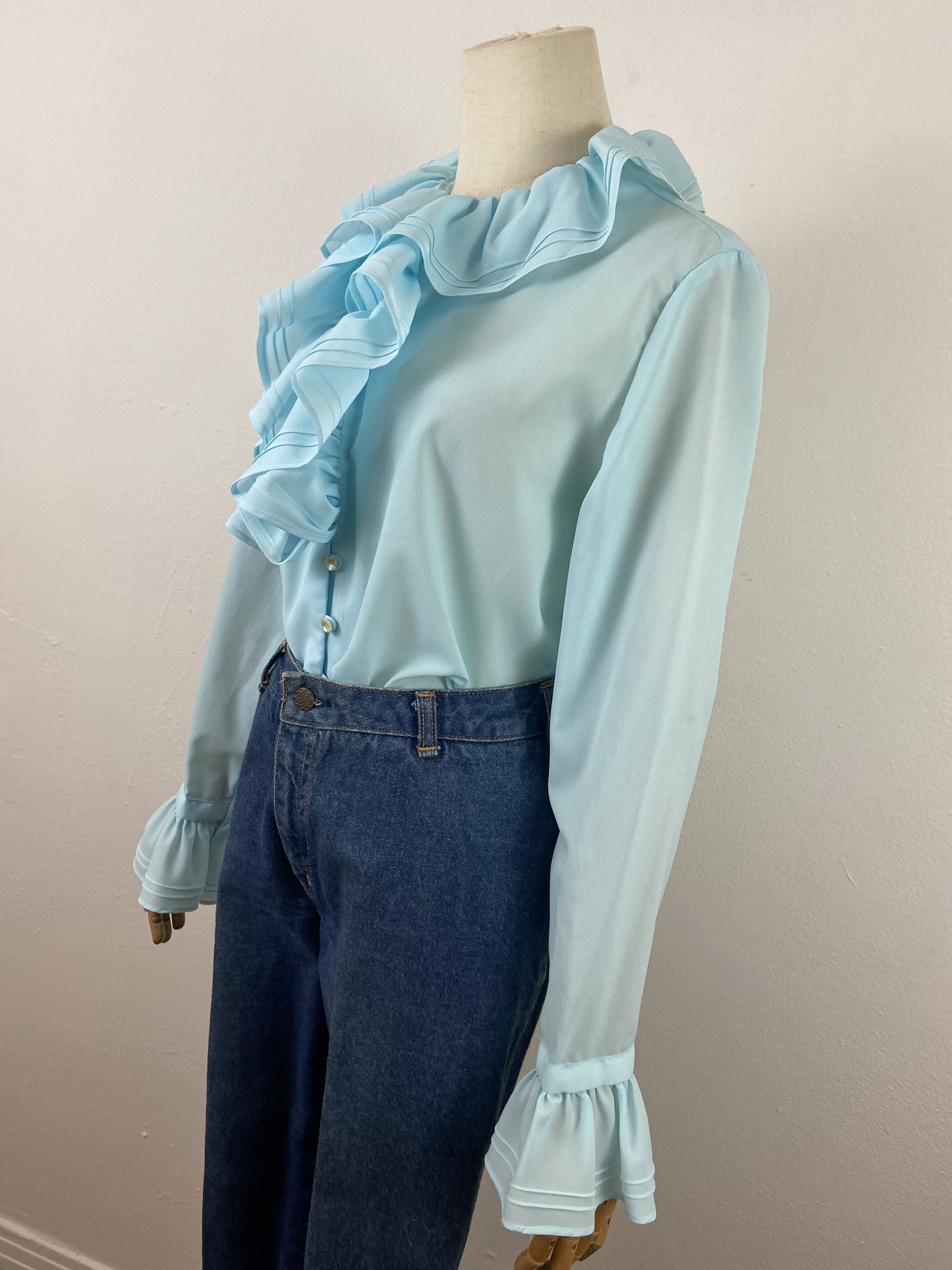 Vintage 60s Light Blue Crepe Trimmed Ruffles Collard, Chest and Cuff ...