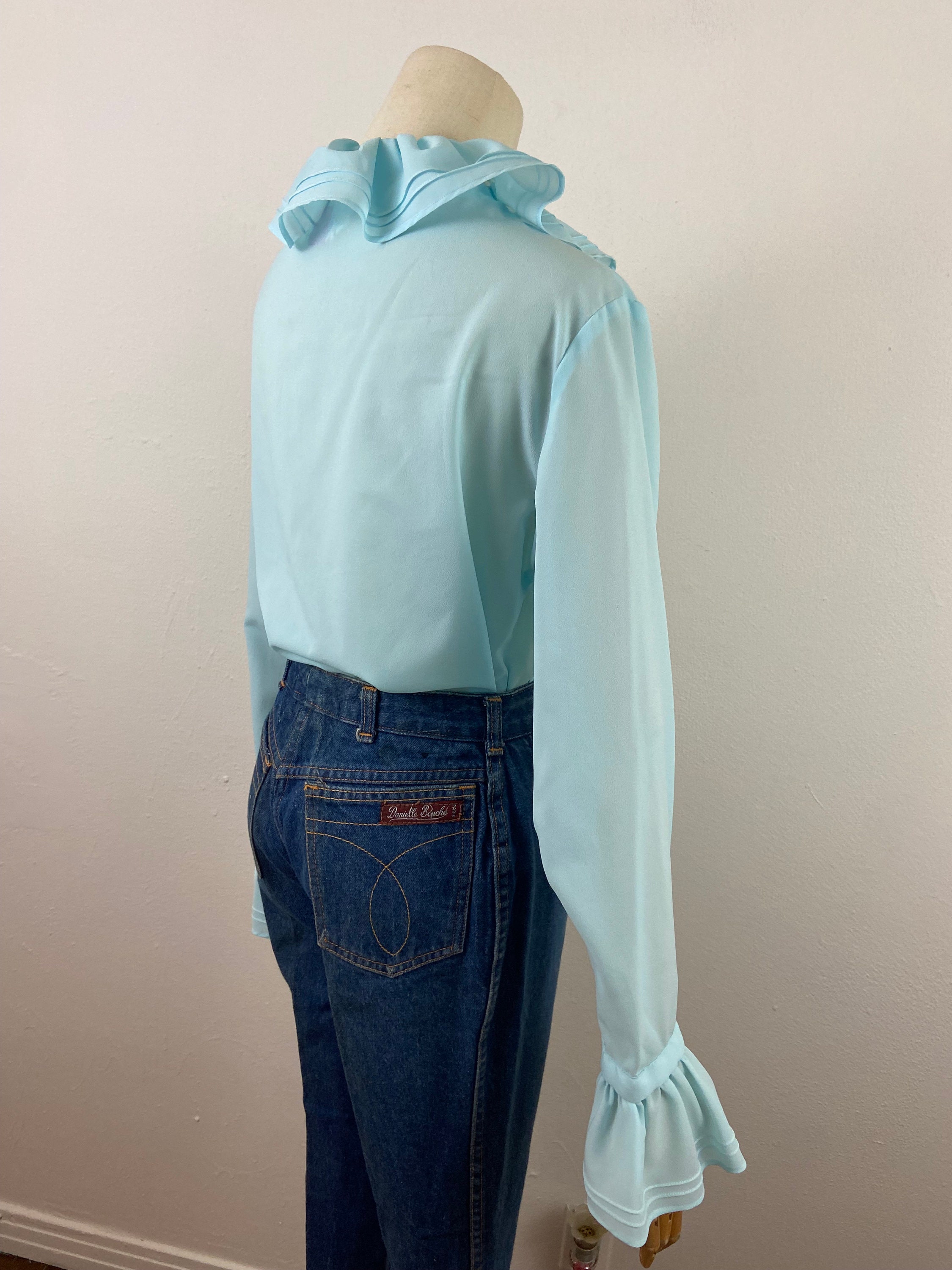 Vintage 60s Light Blue Crepe Trimmed Ruffles Collard, Chest and Cuff ...