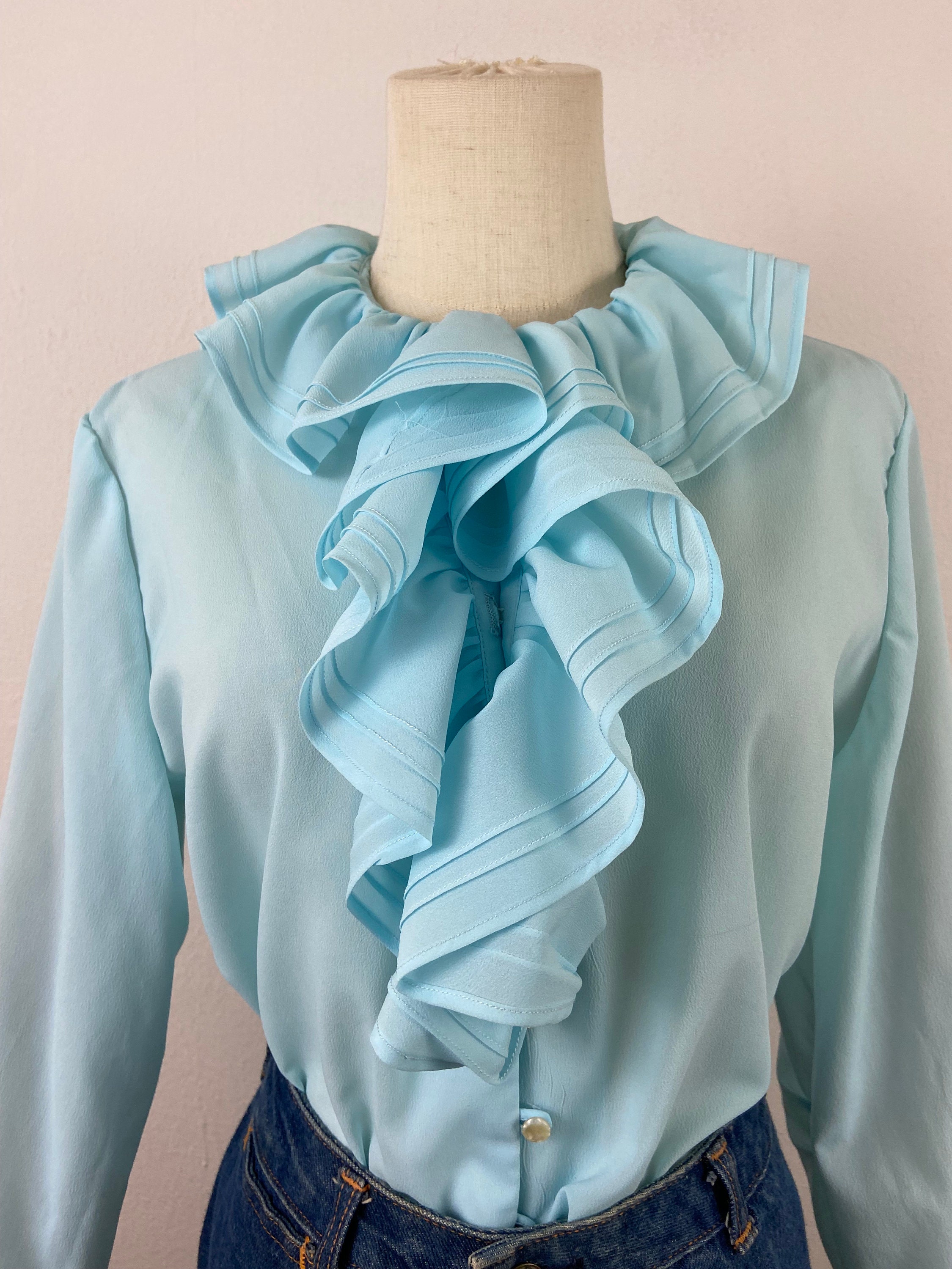 Vintage 60s Light Blue Crepe Trimmed Ruffles Collard, Chest and Cuff ...