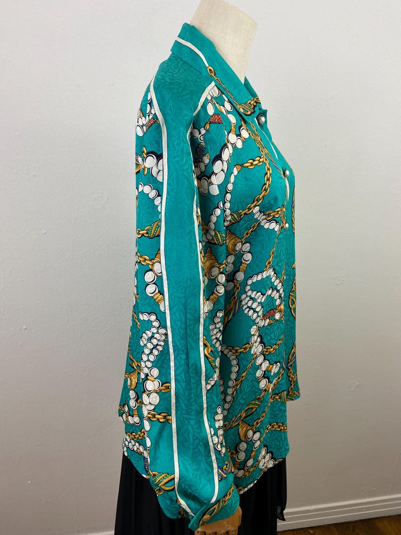 Vintage 80s Elegant Turquoise Chains and Pearls Print 100% Jacguard ...