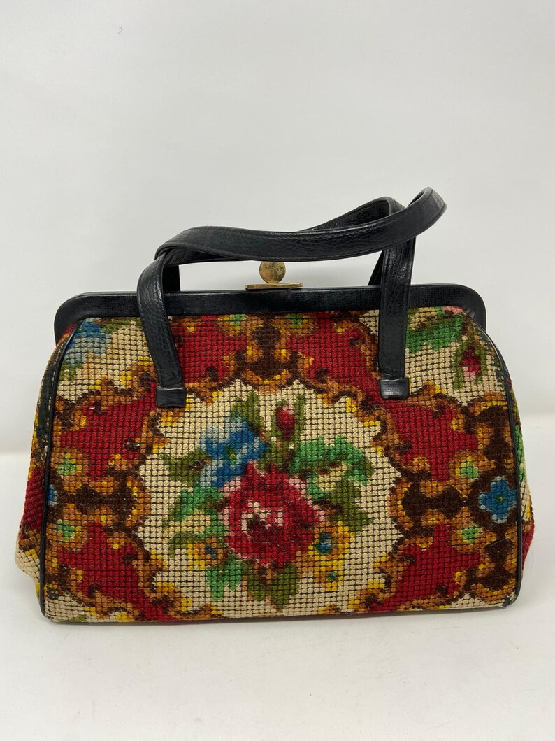 Vintage 50s to 60s Rose Frame Carpet Bag Leather Handler, Floral ...