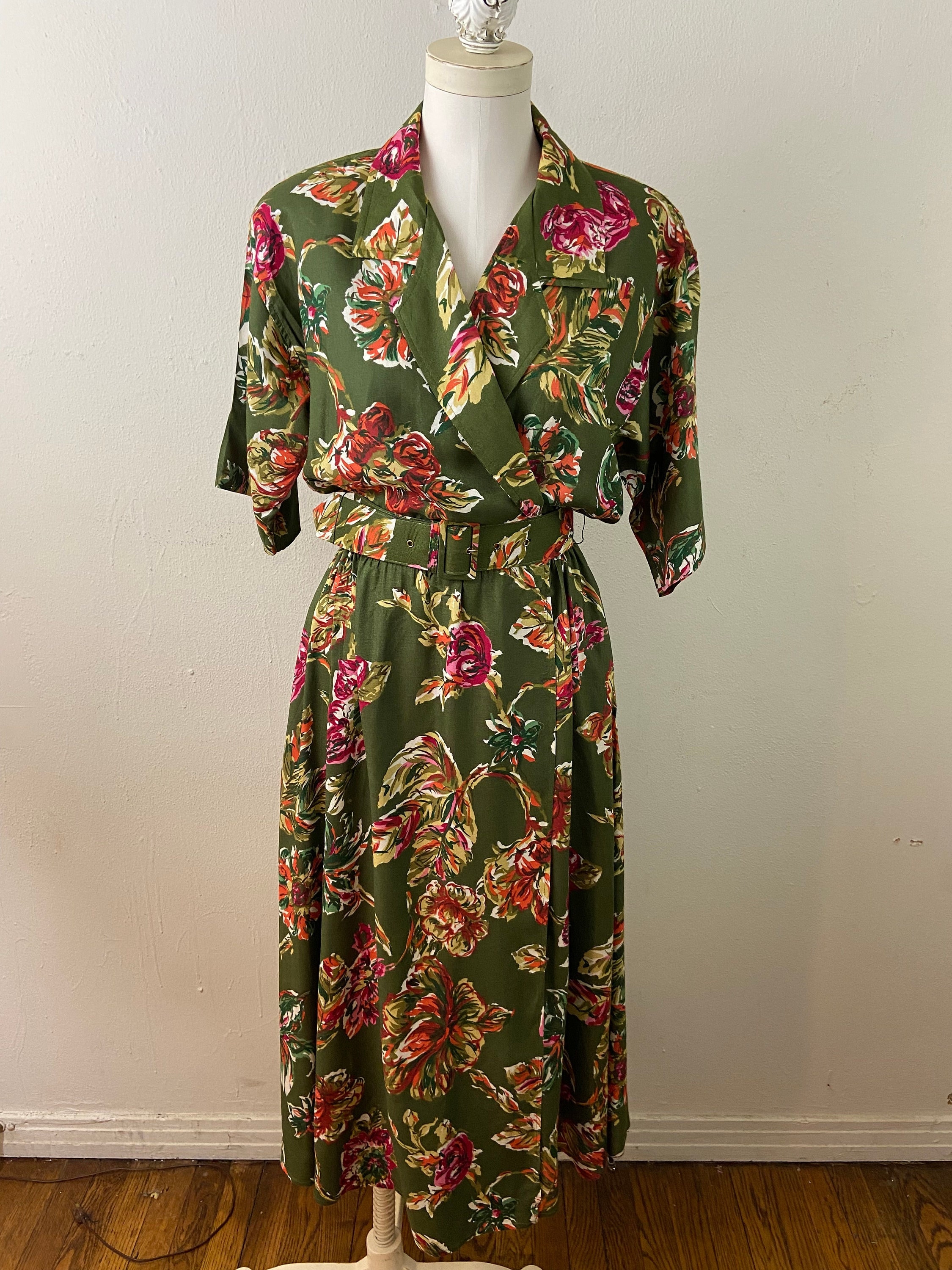 Vintage 80s Military Green Flower Print Crossbody Cotton Rayon Spring ...