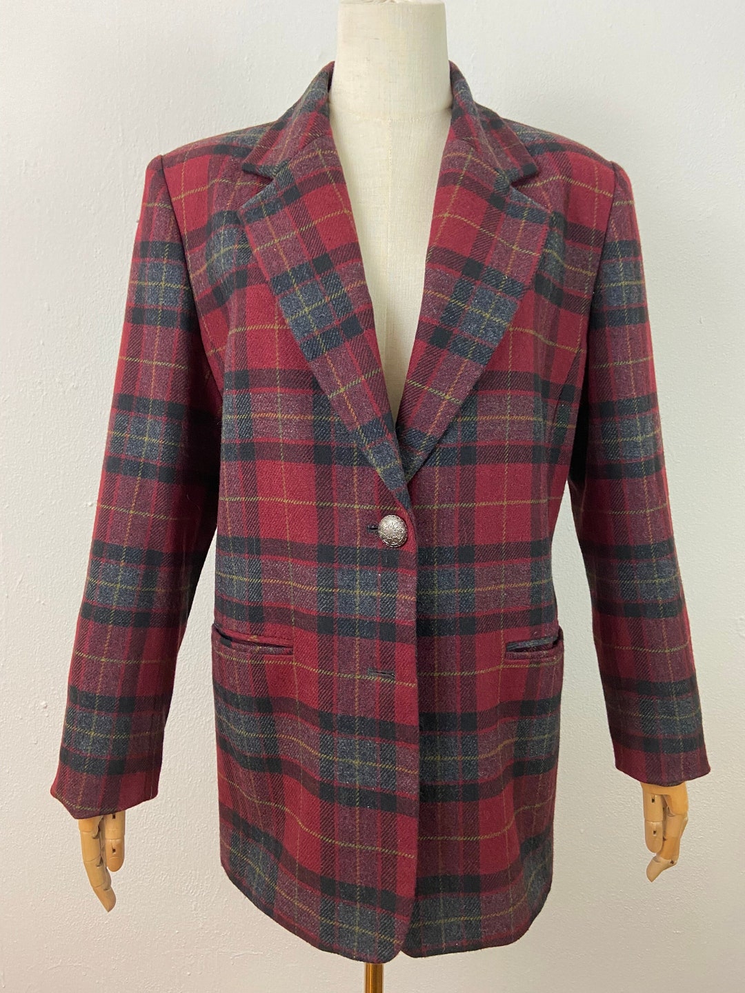 Vintage 80s Burgundy Red Tartan Wool Oversize Blazer by J.R.11, Plaid ...