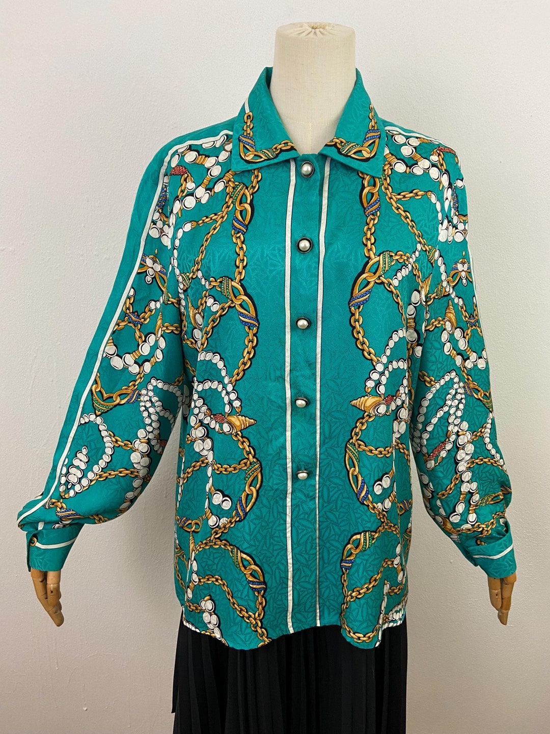 Vintage 80s Elegant Turquoise Chains and Pearls Print 100% Jacguard ...