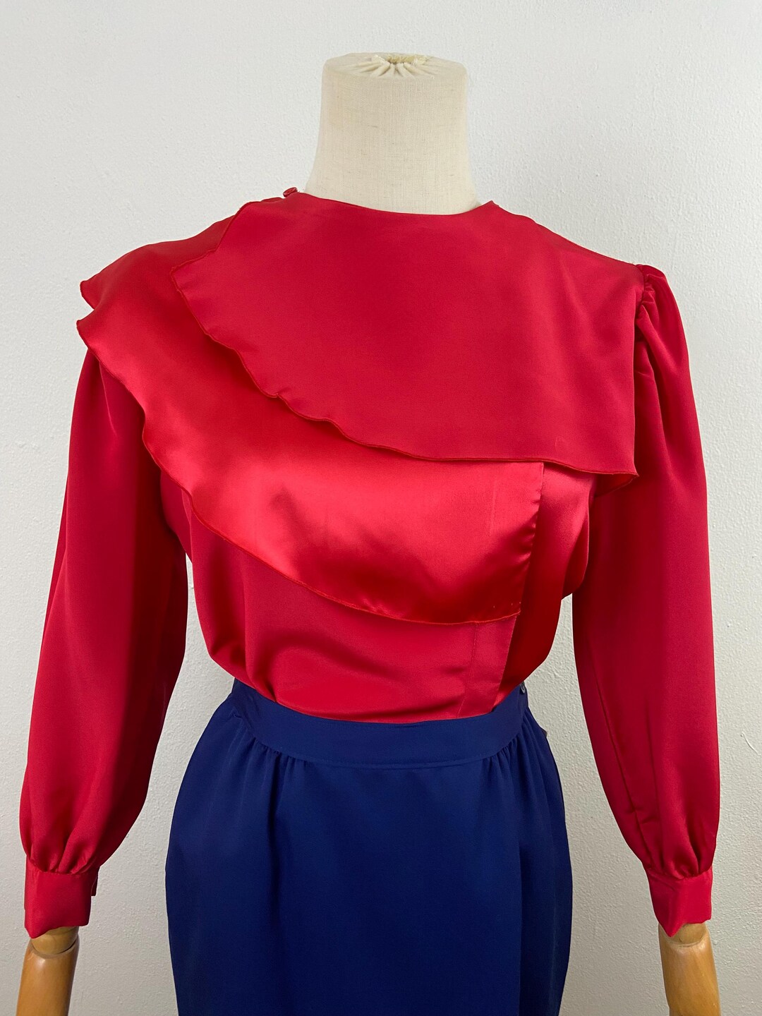 Vintage 80s Elegant Two Tone of Red Fabric Collarless With Cross ...