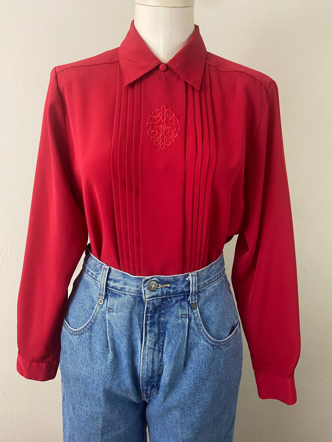 Vintage 80s Ruby Red Pleated Front Button Hidden Embroidery Aplique ...
