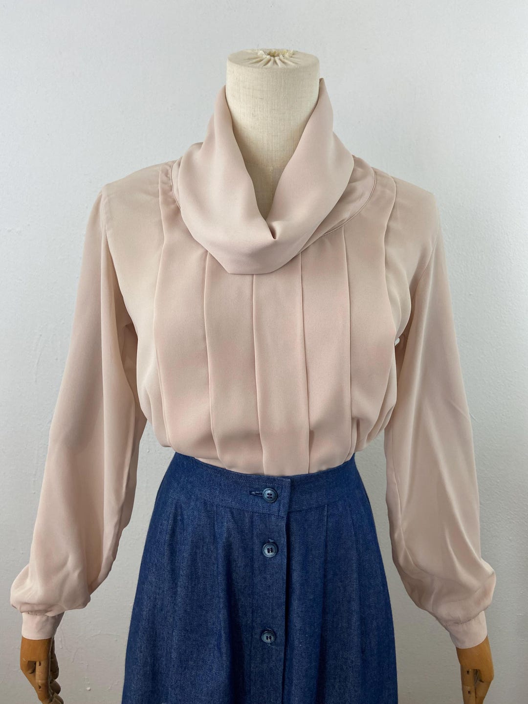 Vintage 80s Creep Tan Beige Long Puffy Sleeves Dropped Collar Elegant ...