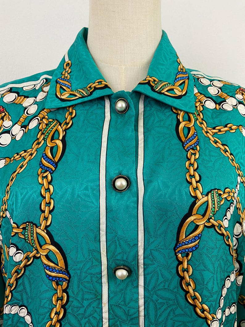 Vintage 80s Elegant Turquoise Chains and Pearls Print 100% Jacguard ...