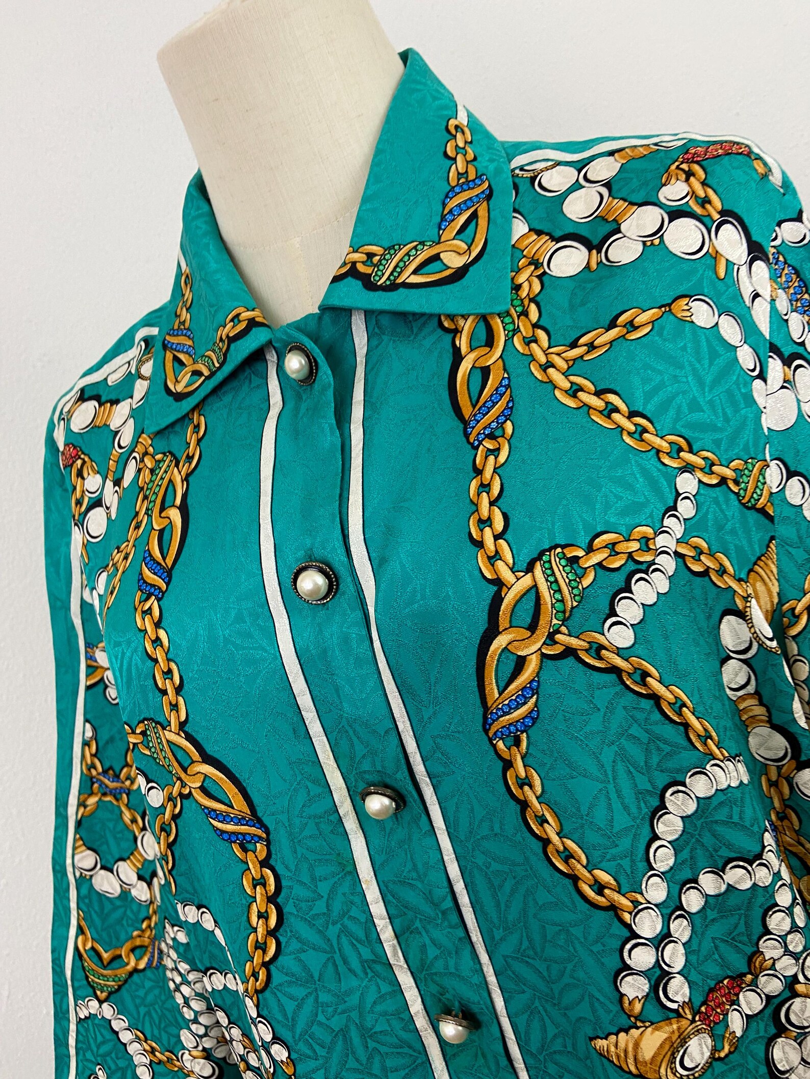 Vintage 80s Elegant Turquoise Chains and Pearls Print 100% Jacguard ...